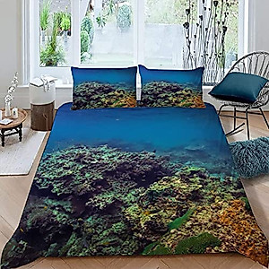 Quilt Cover Queen Size Coral Reef 3D Bedding Sets Underwater World Duvet Cover Breathable Hypoallergenic Stain Wrinkle Resistant Microfiber with Zipper Closure,beding Set with 2 Pillowcase