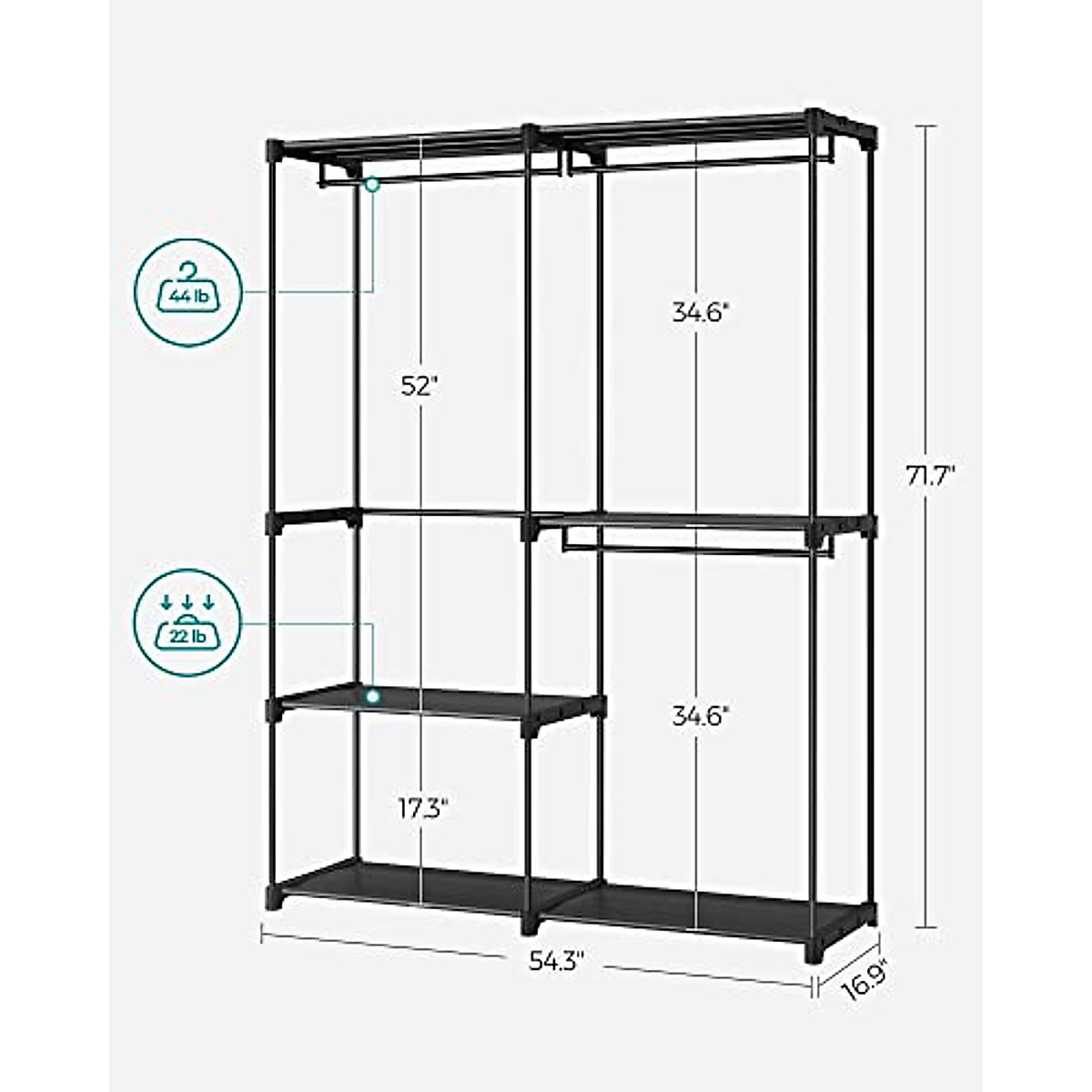 SONGMICS Clothes Rack, Garment Racks for Hanging Clothes, Portable Wardrobe Closet with 3 Hanging Rods and Shelves, Freestanding Closet Organizer, 16.9 x 54.3 x 71.7 Inches, Black URYG025B02