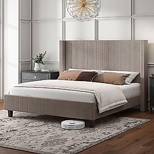 HOWE Queen Size Upholstered Platform Bed Frame, Wingback Bed with 50.8" Headboard, Corduroy/Solid Wood Leg/No Box Spring Needed/Noise Free/Taupe
