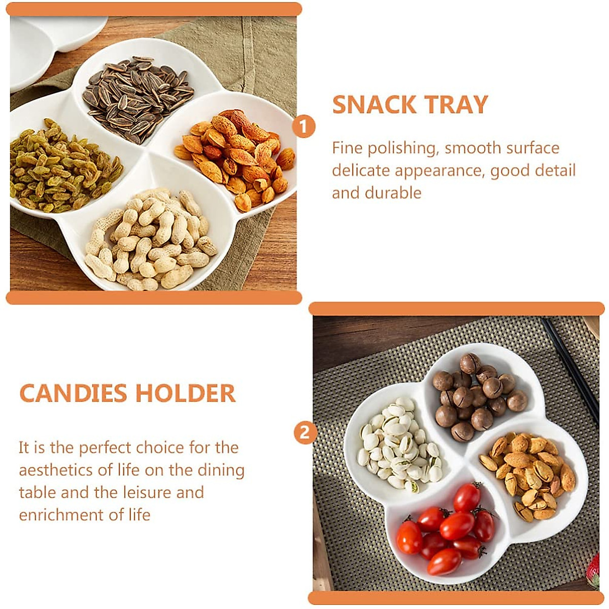 Cabilock Melamine Fruit Plate Food Serving Tray Food Container 4 Compartment Snack Storage Plate Divided Appetizer Tray Organizer White