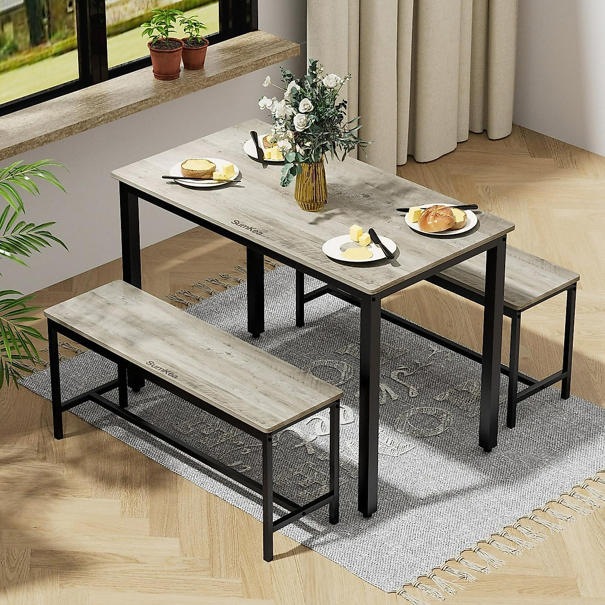 SumKea 3-Piece 4 Bar 2 Dining Benches, 43.3'' Wood Kitchen Table & Chair Set for Breakfast Nook and Small Space, Grey