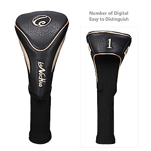 LONGCHAO Golf Head Covers 3pcs Set, Driver Fairway Wood Headcovers, Vintage PU Headcovers for Golf Club (golden-black)