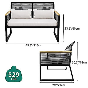 YITAHOME Patio Furniture Wicker Outdoor Loveseat, Rattan Conversation Loveseat for Backyard, Balcony and Deck with Wooden Armrest, Off-White Cushions (Black)