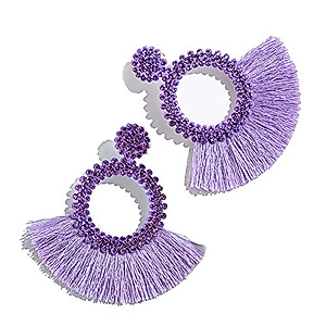 Handmade Bohemian Tassel Crystal Statement Drop Dangle Earrings for Women Hoop Fringe Lightweight Ear Jewelry Summer Accessories (Purple)