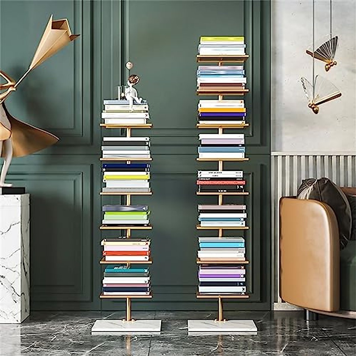 KWOKING Modern Open Back Bookshelf Vertical Shelf Bookcase Nordic Invisible Bookshelf Shelf Floor Wall Bedroom Suspension Simple Bookcase Small Apartment Bookshelf Gold 13.8" L x 9.8" W x 59" H