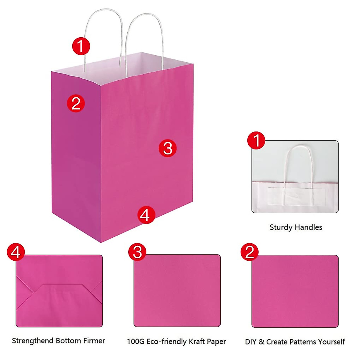 Each 100 Pack Medium Fuchsia & Yellow Kraft Paper Gift Bags with Handles Bulk