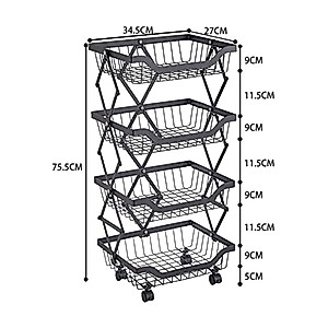 4 layers Tier Foldable No Assembly Storage Shelves with Wheels 13.5’’*10.6’’*29.7’’ Free Standing Metal Wire Rack Heavy Duty Pantry Collapsible Organizer for Kitchen Bedroom Bathroom Office Black