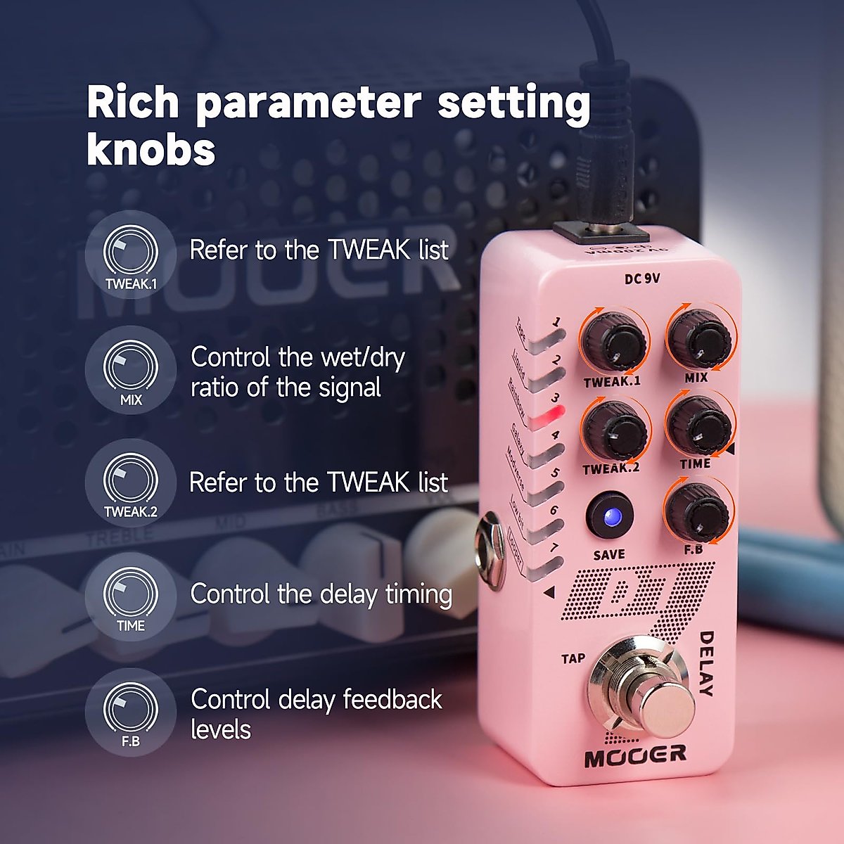 MOOER D7 Delay Guitar Pedal with 6 Different Delay Tape And 150s Looper Recording, Multi Asjustable Function, Surpport Tap Tempo, Trail On/Off, Storable Presets