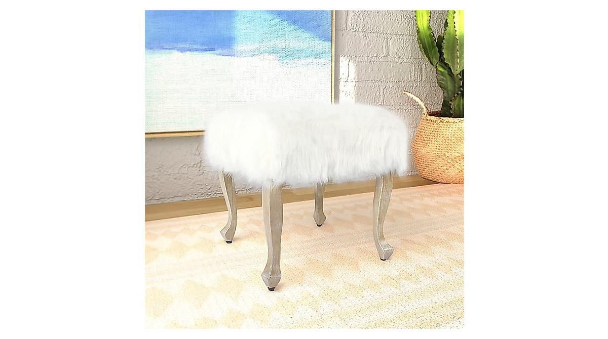 HomePop Faux Fur Square Stool with Wood Legs - Stylish & Comfortable