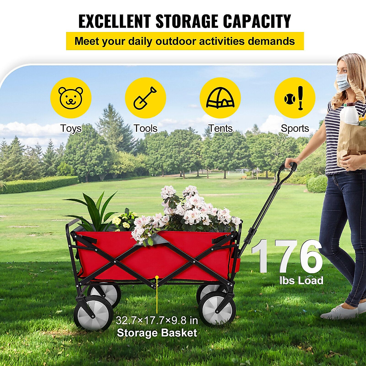 Folding Wagon Cart Heavy Duty Utility Collapsible 176 lb Garden Cart Large Storage Space Adjustable Handle Flexible All-Terrain Movement