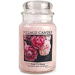 Village Candle Fresh Cut Peony Large Glass Apothecary Jar Scented Candle, 21.25 oz, Light Pink