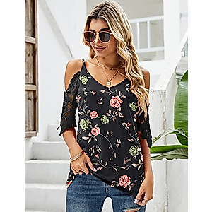 TFSDOD Print Cold Shoulder Tops for Women V Neck Lace Cutout Tunics Shirts Casual Strap Short Sleeve Shirts Black Red Floral XLarge
