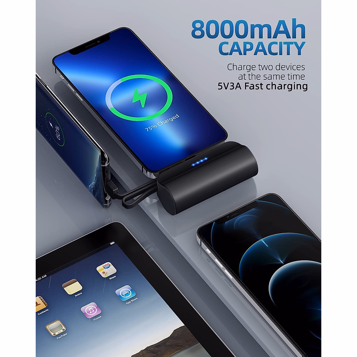 Abnoys Power-Bank-Portable-Charger - 8000mAh Ultra Compact Portable Phone Charger 5V3A Output Battery Pack Built-in Type-C Cable and Cell Phone Holder Compatible with iPhone and Samsung, etc. (Black)