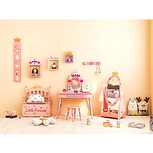 HONEY JOY 3 Piece Kids Vanity Set, Girls Vanity Table & Chair Set, Princess Toy Box, 360° Rotatable Freestanding Dressing Mirror w/Storage Shelf, Kids Room Furniture Set for Playroom Bedroom, Pink