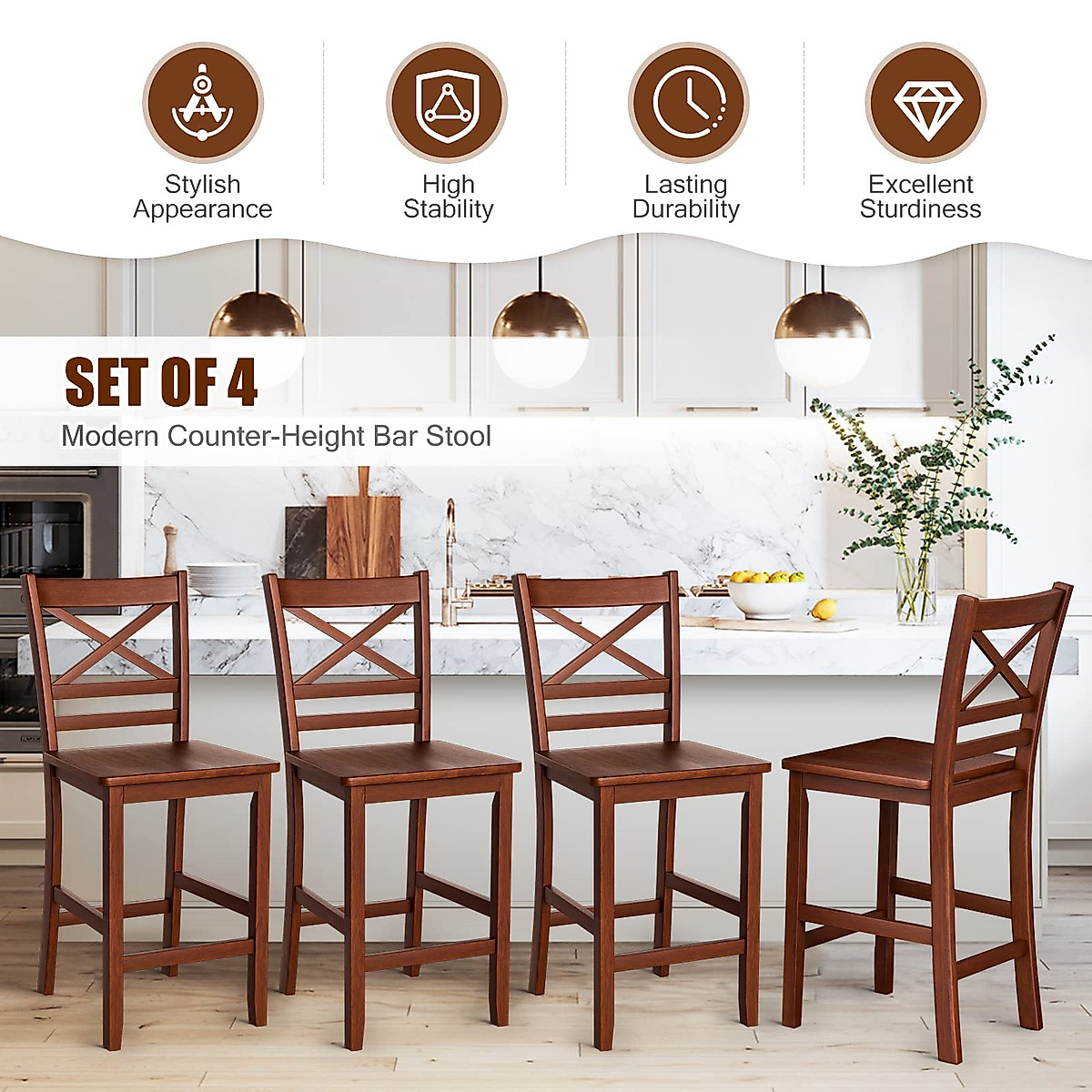 COSTWAY Bar Stools Set of 4, 25'' Antique Kitchen Counter Height Chairs with Wooden X-shaped Backrest & Rubber Wood Legs, Suitable for Home, Cafe Store, Restaurant (4)