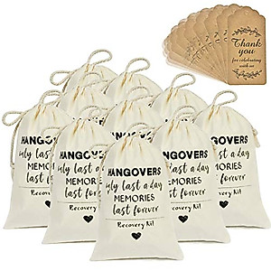 DÉCOCO 10 Bachelorette Party Favor Hangover Kit Bags(4'' x 6'') and Gift Tags Cotton Drawstring for Wedding Welcome Holiday Survival Recovery Bridesmaid Gifts