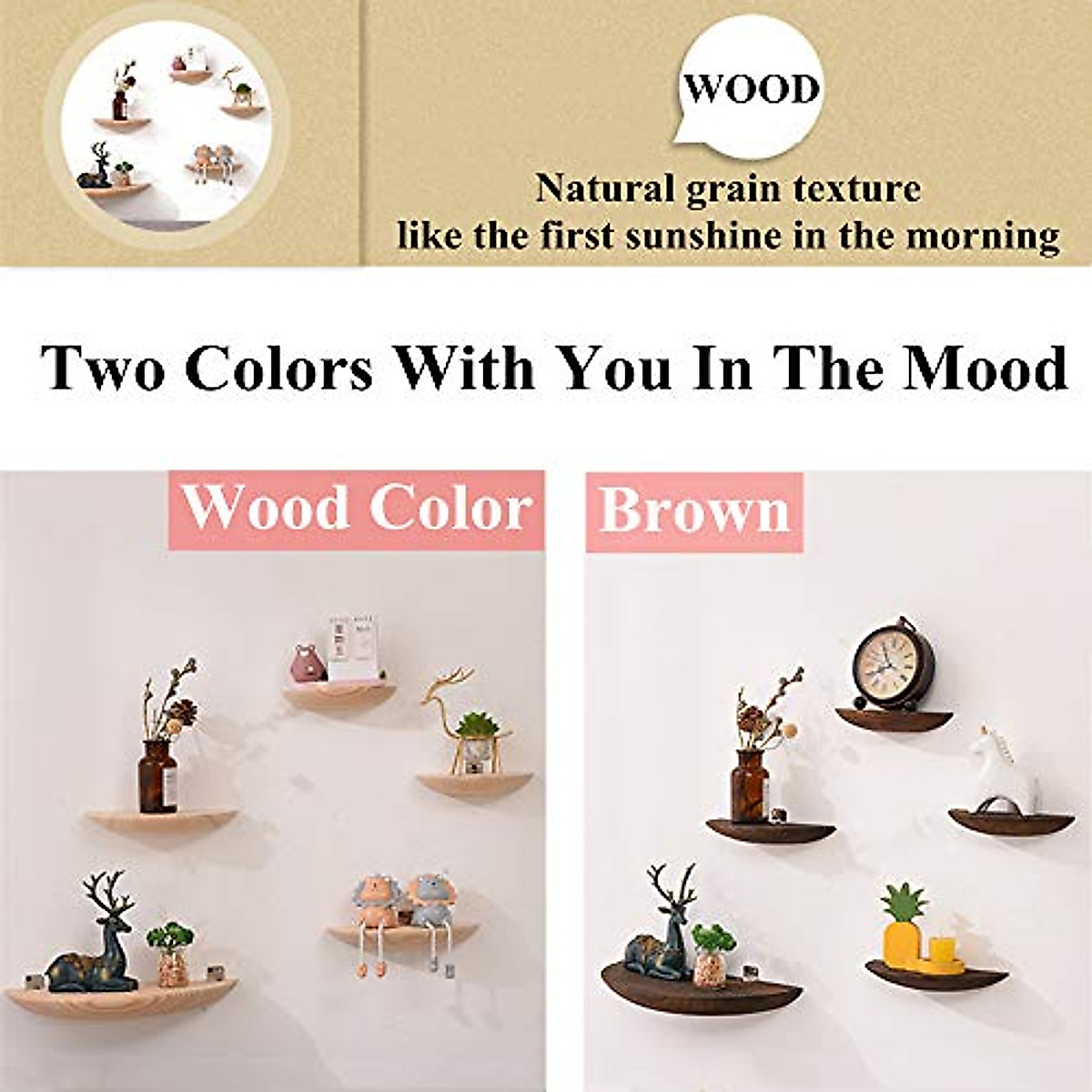 FMXYMC Thick Solid Wood Floating Shelves, Wall Mounted Semi Circle Shelf, Hanging Wall Decor, Decorative Shelves, Display Ledge Storage Rack,Brown,Large