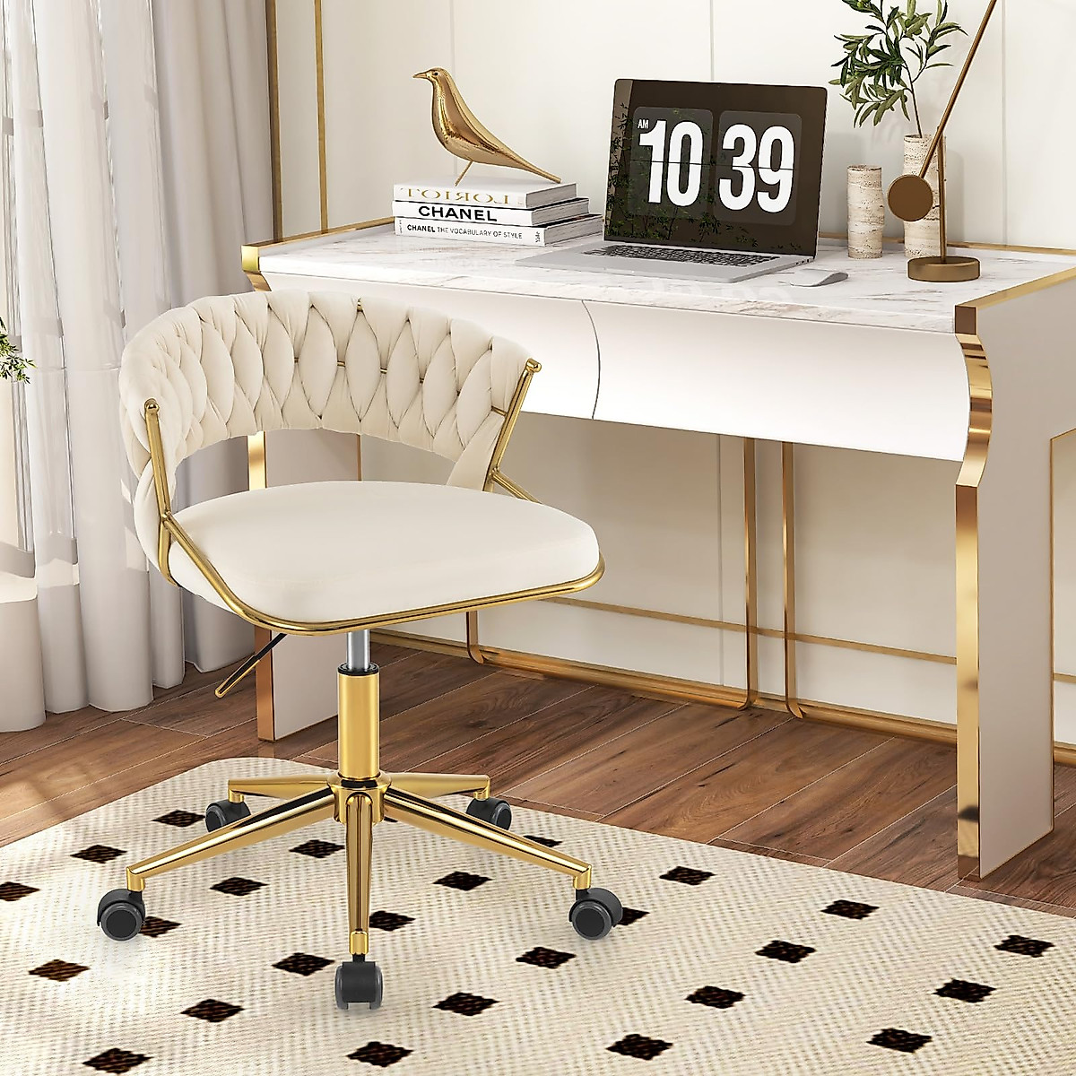 COSTWAY Velvet Office Desk Chair, Upholstered Makeup Vanity Chair w/Woven Back & Gold Base, Height Adjustable Swivel Computer Task Chair, Home Office Chair w/Wheels for Bedroom Study (Beige)
