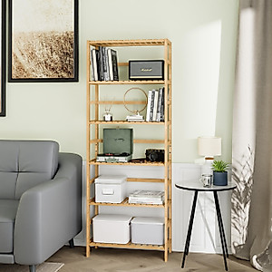 HITNET Bamboo Shelf, 6-Tier Adjustable Tall Open Bookcase, Bathroom Storage Rack Freestanding Shelving Unit, Plant Display Stand for Small Space, Natural