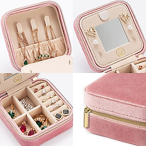 ZPROW Plush Velvet Travel Jewelry Case, Travel Jewelry Organizer, Jewelry Travel Case, Travel Jewelry Box, Small Jewelry Case for Women, Jewelry Travel Box, Earring Organizer with Mirror - Pink