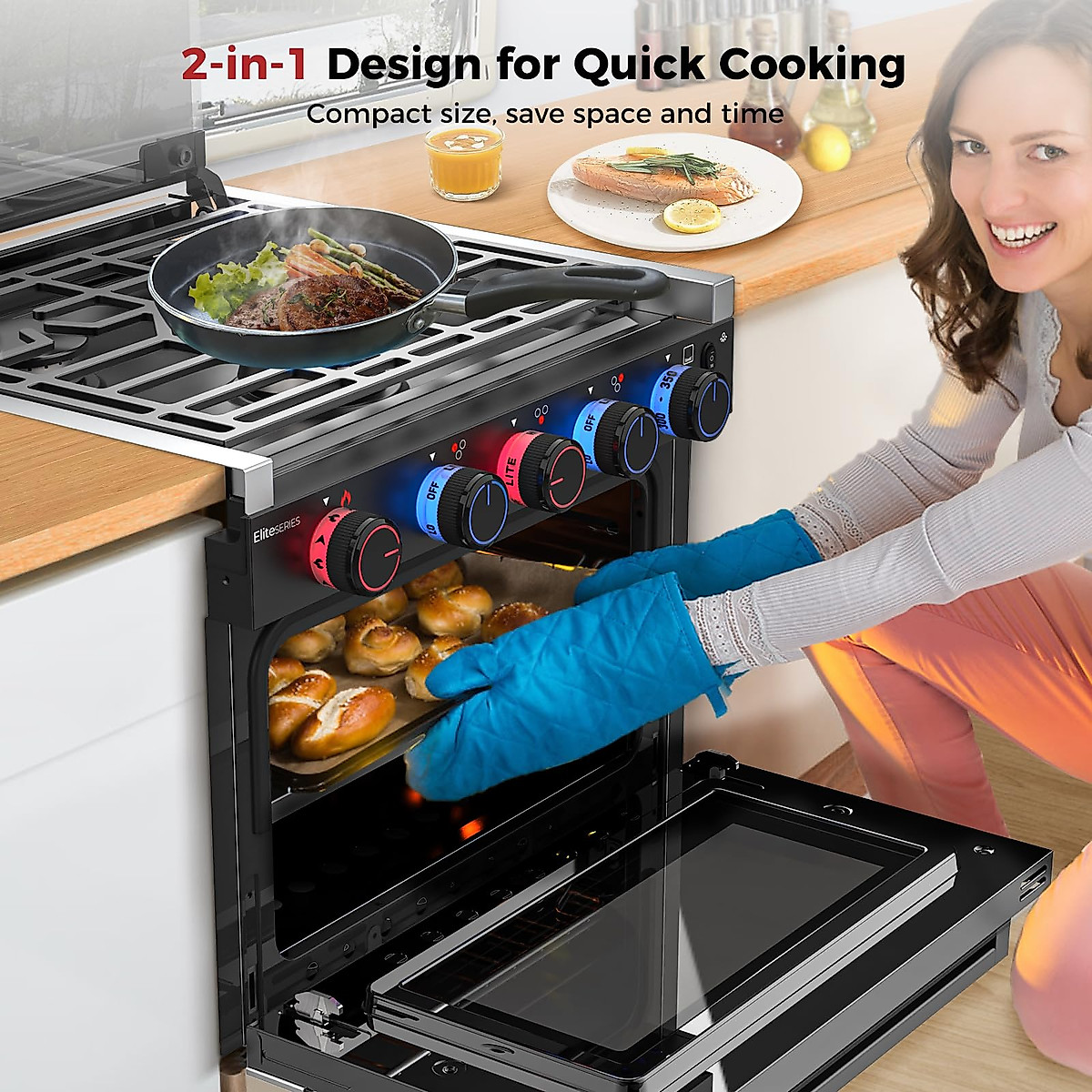 CAMPLUX Elite RV Propane Oven Stove Combo 17 Inches, 1.27 Cu.ft. Gas Oven Stove with 3 Burners, Total Output 28,100 BTU/Hr, Gas Ranges for RV, Apartment or Mini Kitchen, Black RGP17MGB