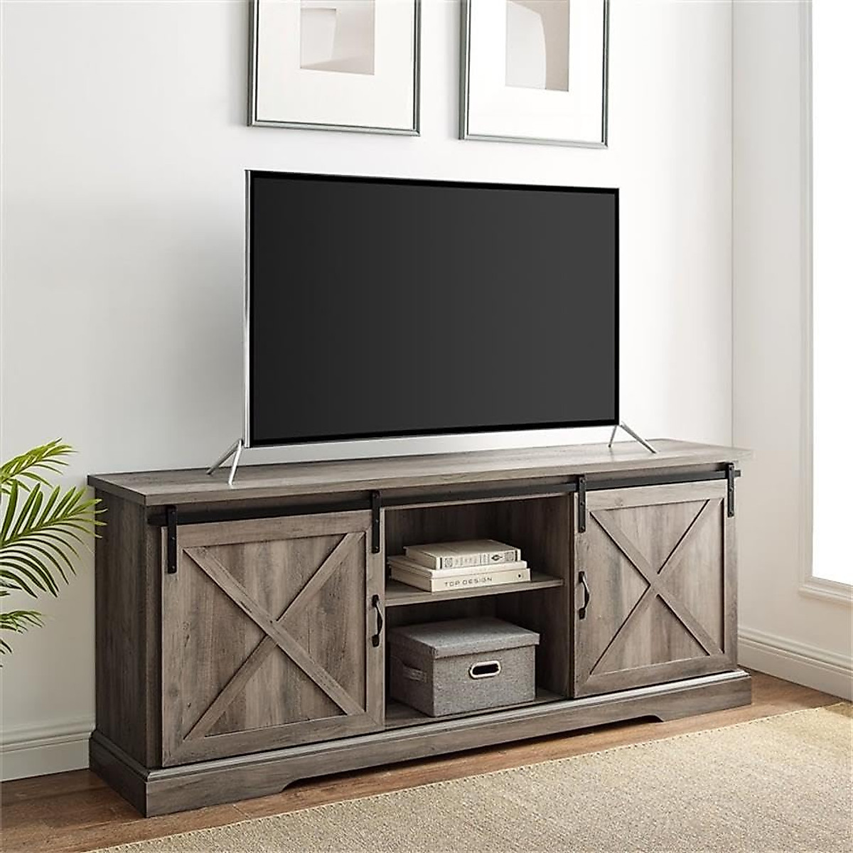 Walker Edison Corbin Modern Farmhouse Sliding X Barn Door TV Stand for TVs up to 80 Inches, 70 Inch, Grey Wash