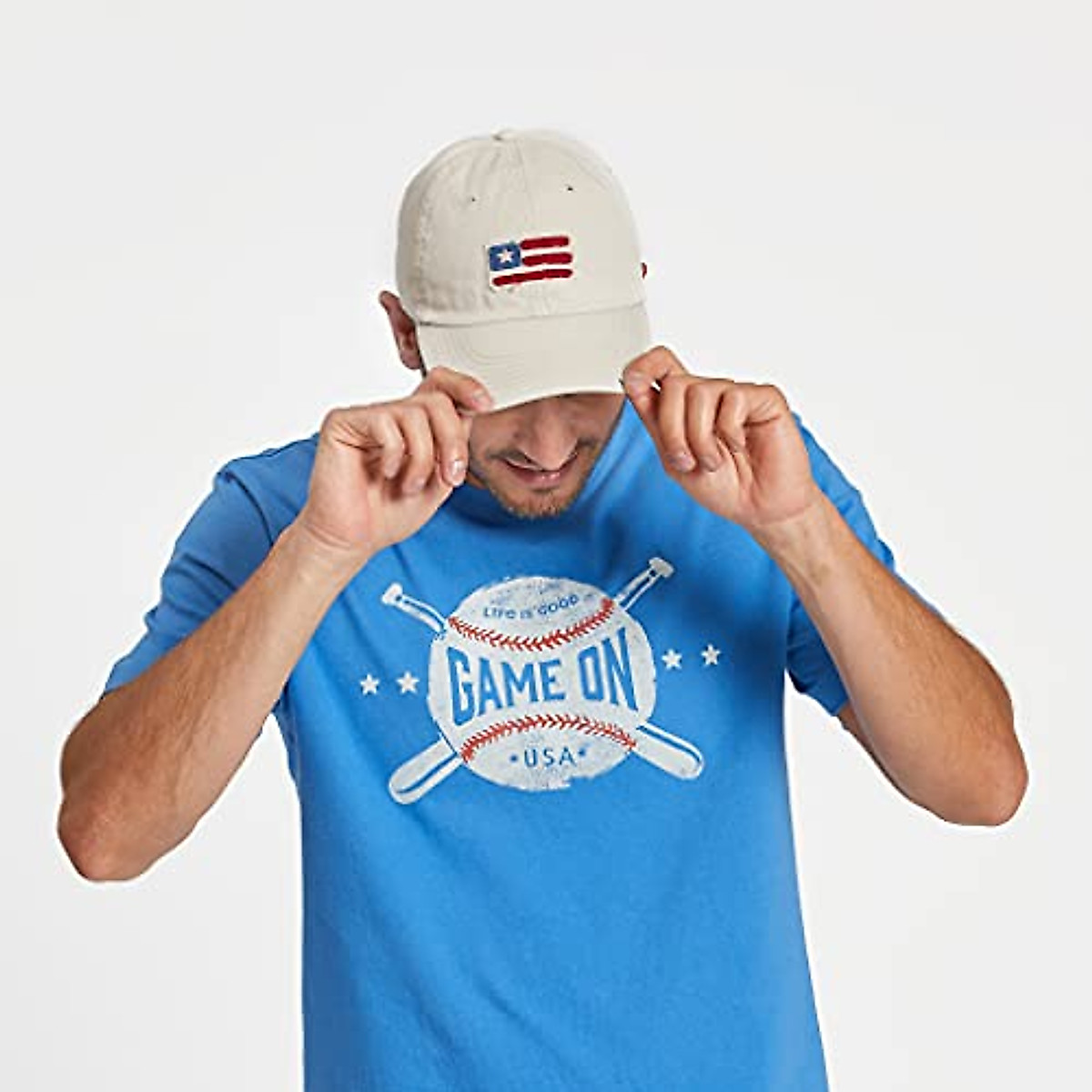 Life is Good. Tattered Chill Cap American Flag, Bone White