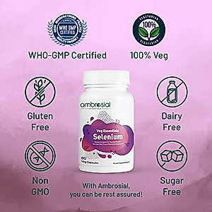 Ambrosial Selenium 200mcg | High Strength Antioxidant Supplement to Support Immune System, Heart Health & Thyroid Support (Pack of 1-60 Capsules)
