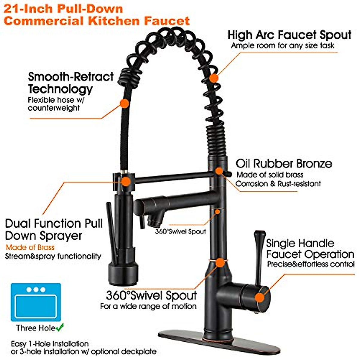 Kitchen Faucets with Pull Down Sprayer - Beelee Oil Rubbed Bronze Kitchen Faucet with Deck Plate, Single Handle Commercial Faucets for Camper Farmhouse RV Kitchen Sink, Grifos De Cocina