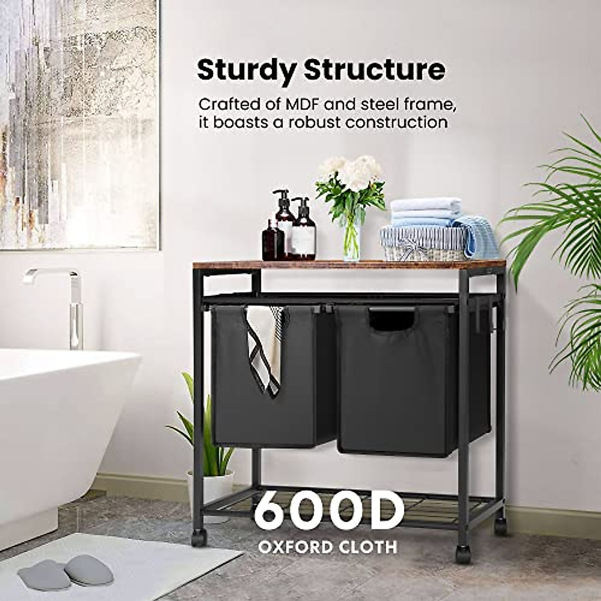 VIVOHOME Pull Out Laundry Hamper, 2-Compartment Laundry Basket with Shelf and Wheels, 2 x 30L Removable 600D Oxford Fabric Laundry Bags, Rustic Brown and Black