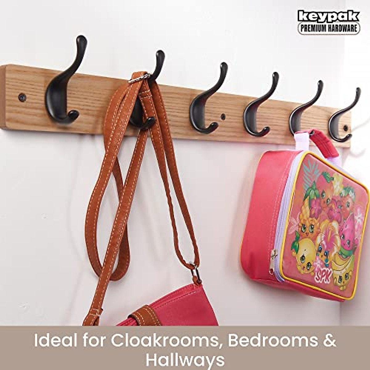 keypak Modern Wall Mounted Coat Rack, Matte Black Hooks on Wood Base (6 Hooks, Ash Effect)