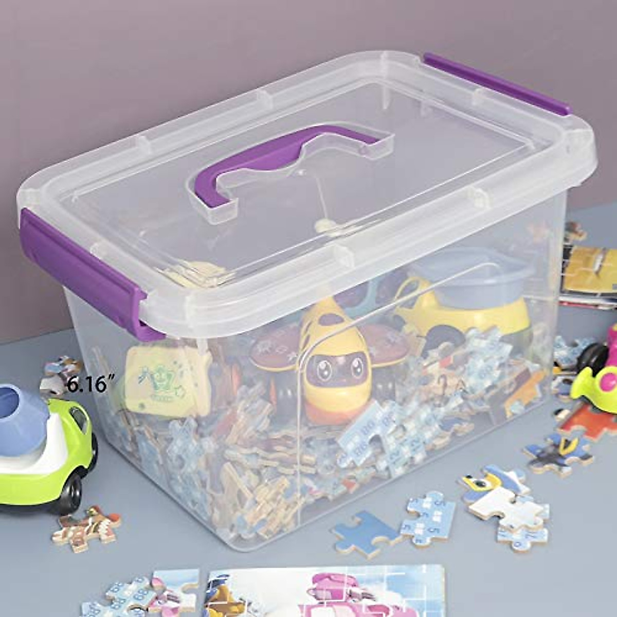 Utiao Clear Plastic Bin with Lid, 6 Quart Latching Box with Purple Handle, 6 Packs