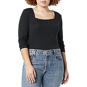 Amazon Essentials Women's Slim-Fit Long Sleeve Square Neck T-Shirt, Black, Small