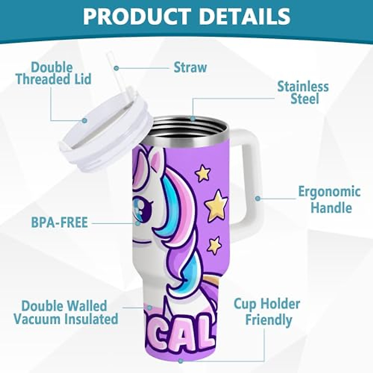 ODAWA 40oz Spill Proof Tumbler with Straw, Cute Unicorn Purple Insulated Stainless Steel Tumbler with Lid and Straw Insulated Travel Tumbler