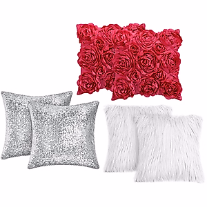 Oudain 6 Pcs Decorative 3D Rose Flower Pillow Cover, Faux Fur Throw Pillow Covers, 16 x 16 Inch Throw Pillows for Bed Soft Square Sofa Pillow Covers for Sofa Bedroom Car (Hot Pink)