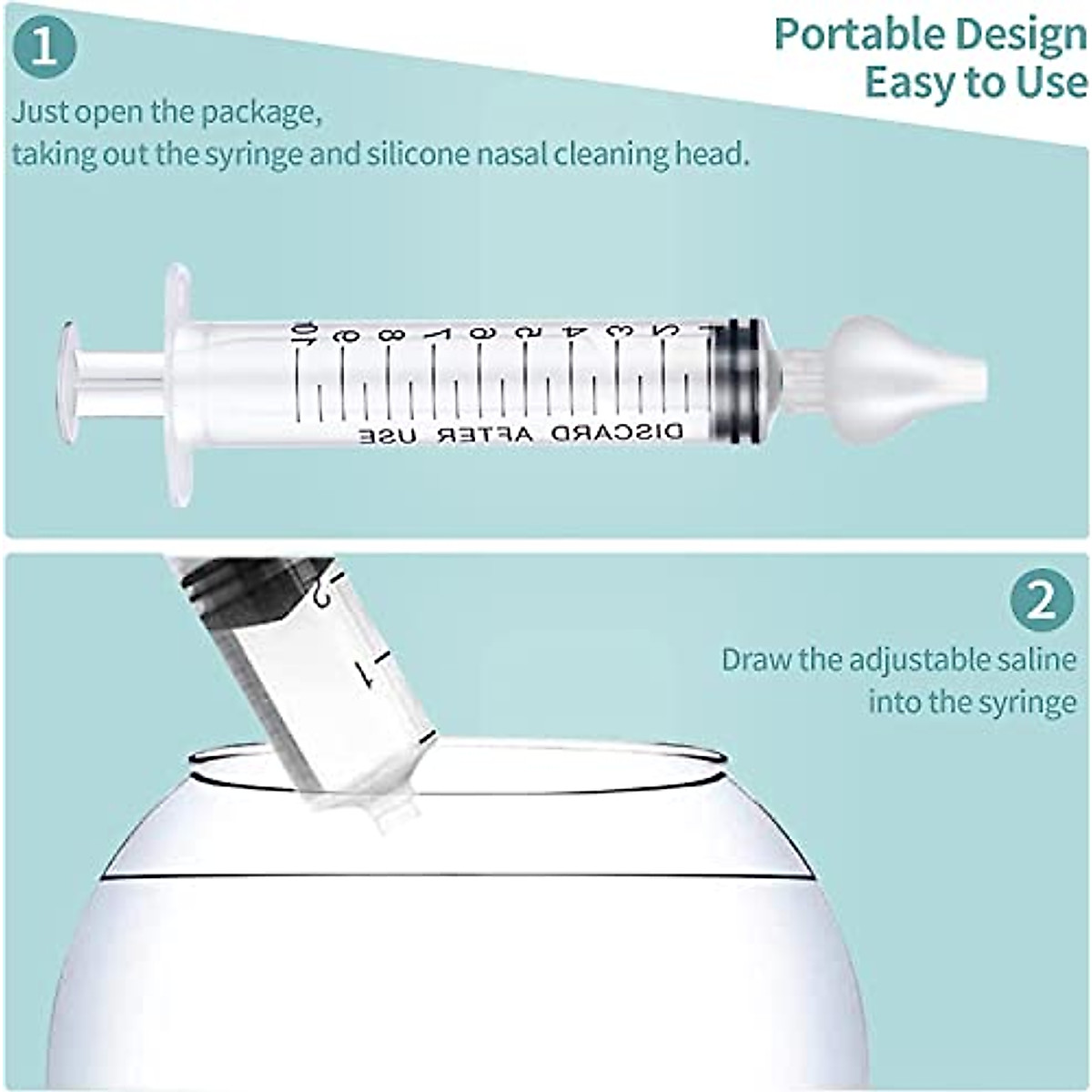 JUSONEY Baby Nose Syringe - Professional Fly Baby Irrigator with Clean and Reusable Silicone Nose Tips (2 Pieces)