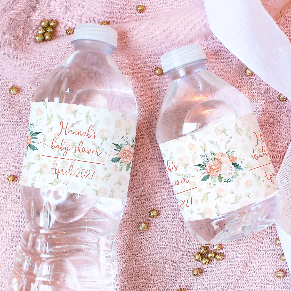 Personalized Pink Floral Baby Shower Water Bottle Labels - 24 Stickers