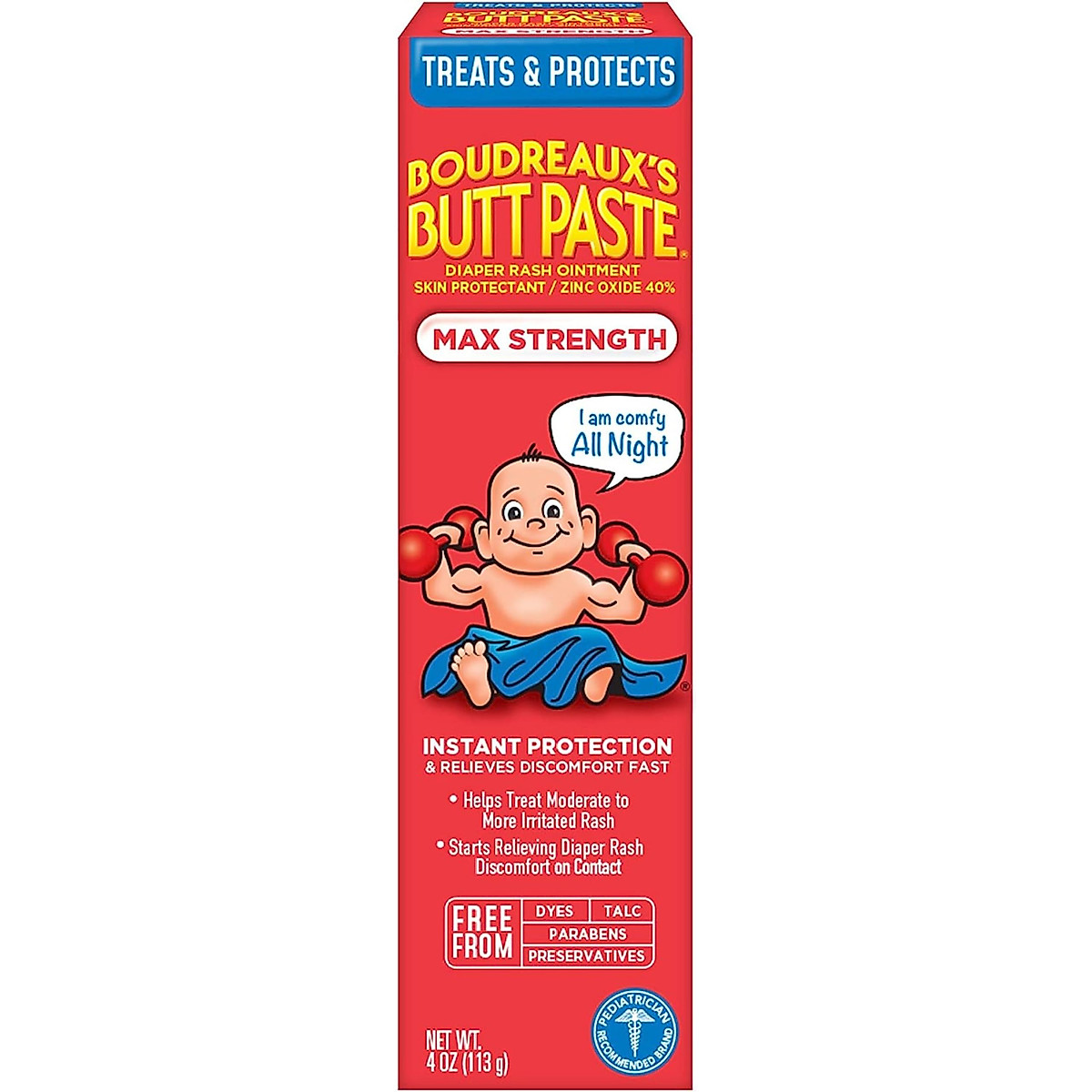 Boudreaux's Butt Paste Maximum Strength Diaper Rash Cream, Ointment for Baby, 4 oz. Tube, (Pack of 1)