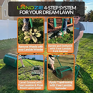 Landzie Weeder - 44 Inch Long Steel Stand Up Manual Weed Remover Tool for Lawn and Garden - Easily Weed Grass Without Bending or Kneeling - 4 Serrated Heavy Duty Claws with Lever for Easy Removal