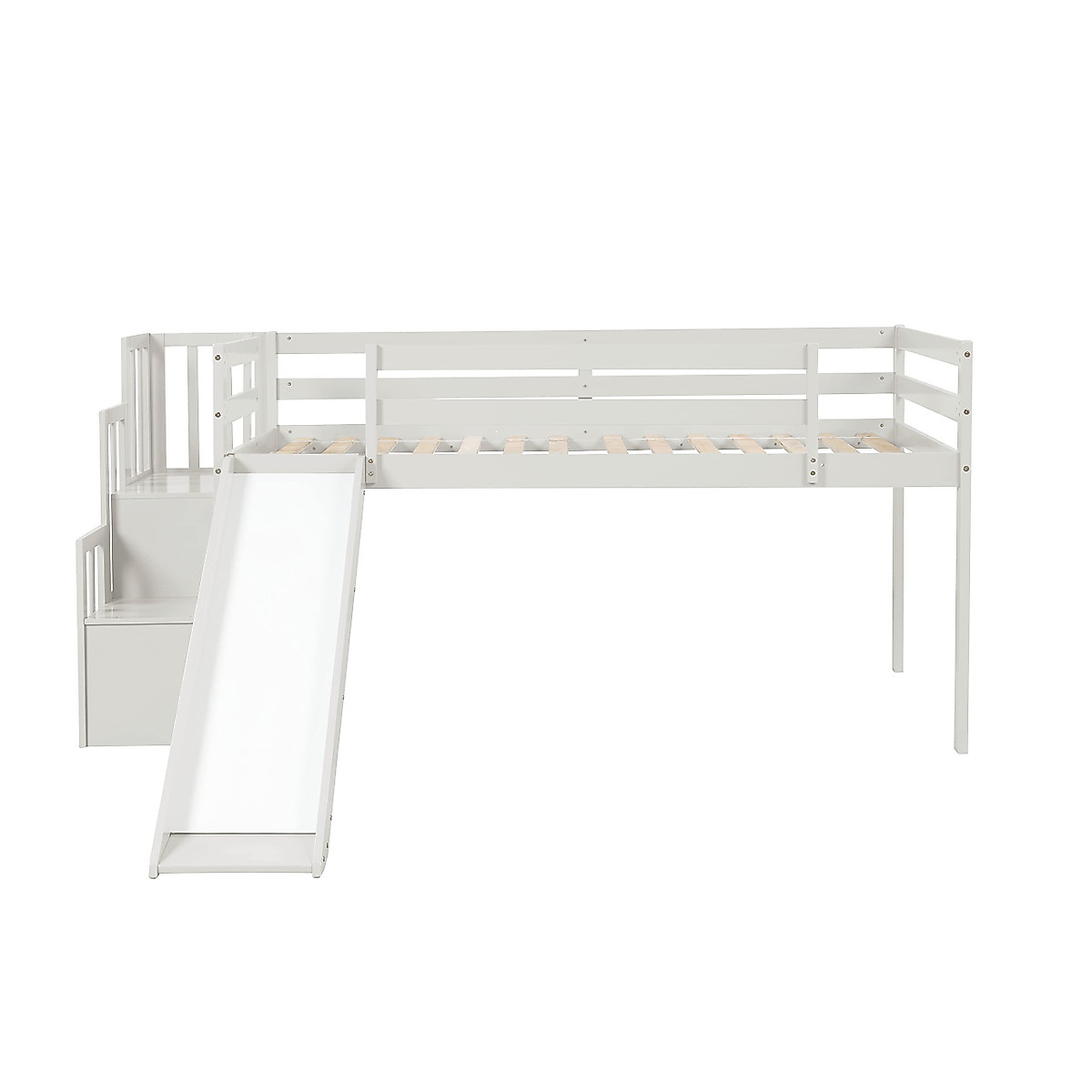 Harper & Bright Designs Kids Twin Loft Bed with Slide, Low Loft Bed Frame with Stairs and Storage Shelves, Slide Loft Bed for Boys and Girls, No Box Spring Needed,White