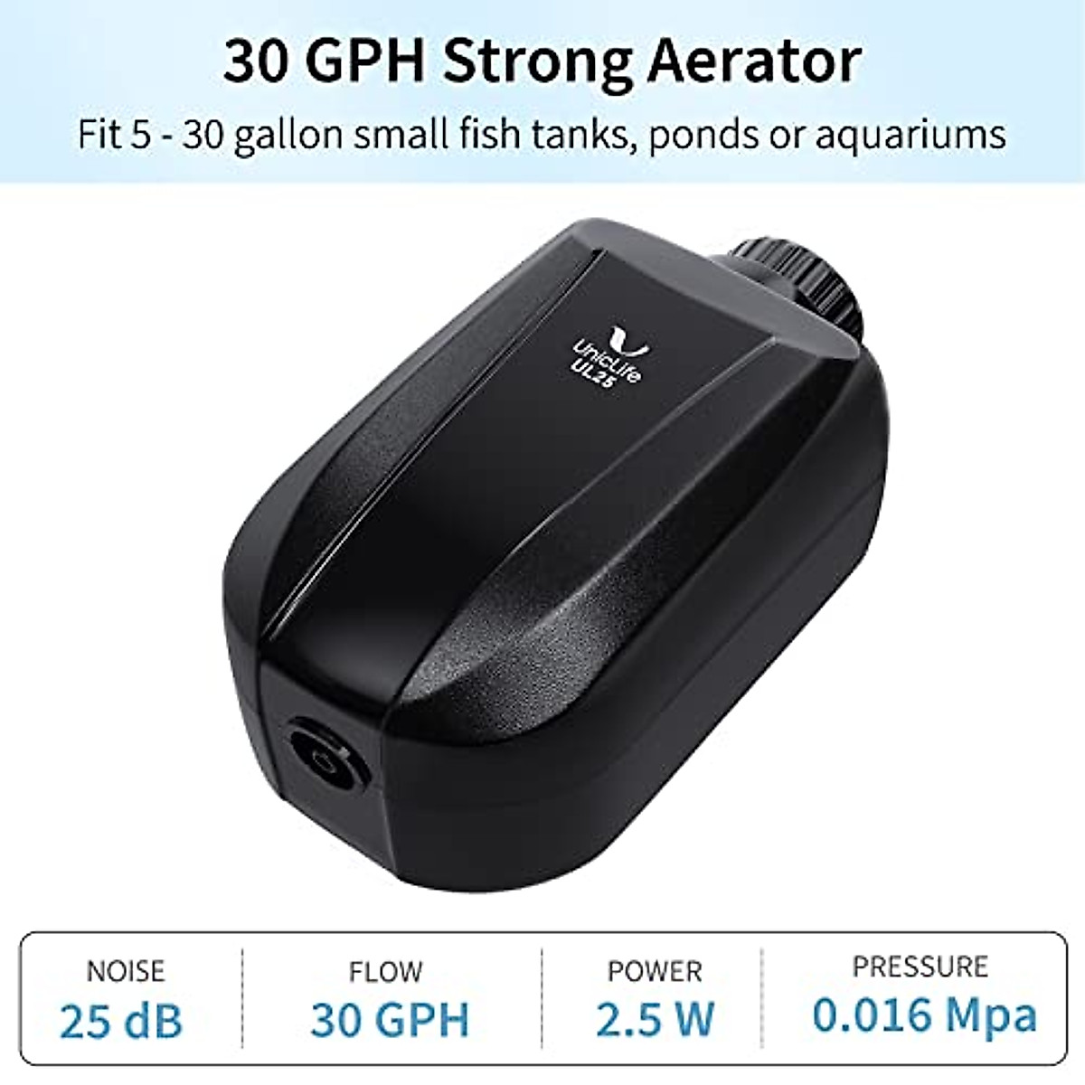 Uniclife 30 GPH Aquarium Air Pump Adjustable Quiet Oxygen Aerator Pump with Air Stone Airline Tubing Check Valve and Connector Accessories for Small Fish Tanks Ponds up to 30 Gallons