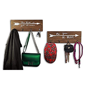 Spiretro Wall Key Hanger, Metal Hook Rack Organize Coat Hat Bag, Leash Holder, Set of 2 for Kids Entryway Hallway, Funny Arrow Sign & Inspirational Words, Rustic Wood_Teak