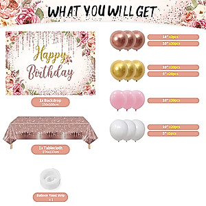 Floral Happy Birthday Decorations Women, 131PCS Rose Gold Flower Birthday Party Supplies Including Happy Birthday Backdrop, Balloon Arch/Garland Kit, Birthday Tabblecloth for Girls