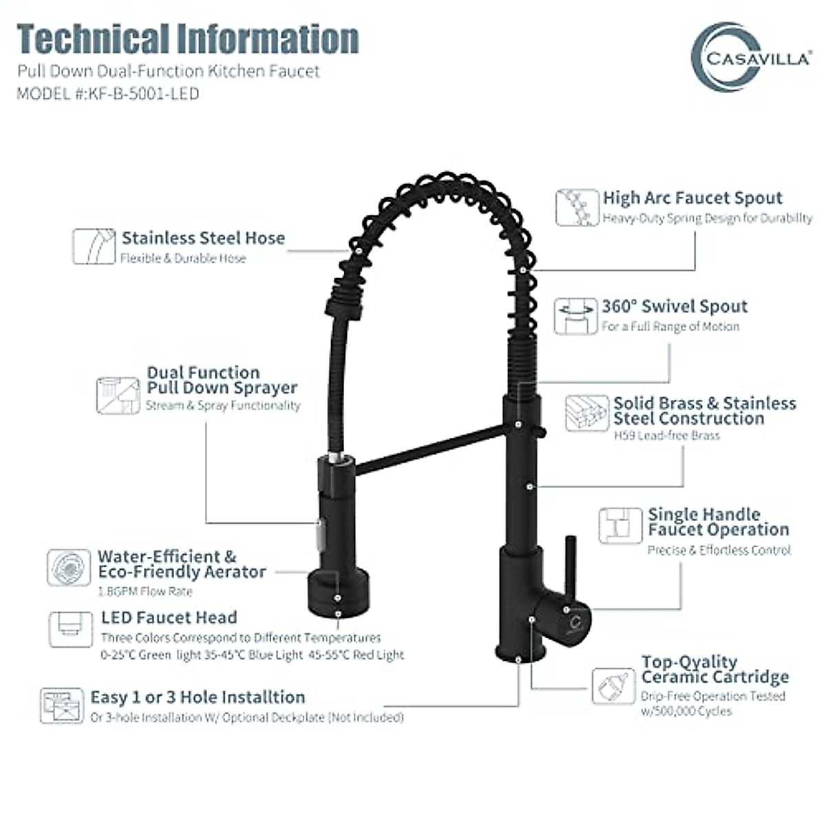Casavilla Faucet, Black Kitchen Faucet with LED Light, Kitchen Sink Faucets with Pull Down Sprayer, Dual Function Spray Head, Farmhouse Stainless Steel Single Handle Kitchen Faucets