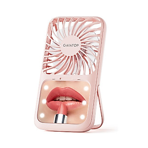 Gaiatop Handheld Mini Fan, 3 Speed Portable Lash Fan Makeup Mirror with LED Light, 2000mAh USB Rechargeable Personal Desk Fan with Stand, Small Hand Fan for Outdoor Travel Gifts for Women Girls Pink