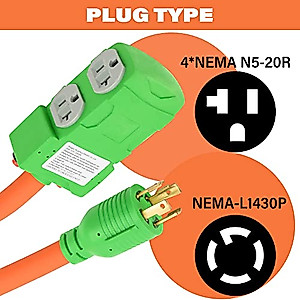 Flameweld Generator Adapter Cord - NEMA L14-30PTwist Lock Male to Four NEMA 5-20R, Heavy Duty Generator Locking Cord with Surge Protector Breaker, 30Amp 7500 Watts