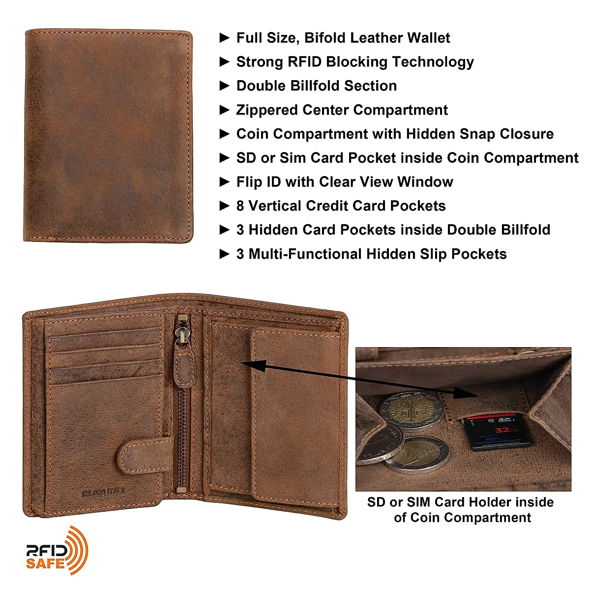 DiLoro Mens Full Size Large Capacity Genuine Full Grain Leather Wallet Bifold Flip ID Coin & Zip Pockets RFID Blocking Anti-Theft (Bugatti Tan)