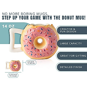 Ceramic Donut Mug - Delicious Pink Glaze Doughnut with Sprinkles - Funny "MMM... Donuts!" Quote - Best Cup For Coffee, Tea, Hot Chocolate and More - Large 14 oz - Funny Coffee Mug Gift - Pink