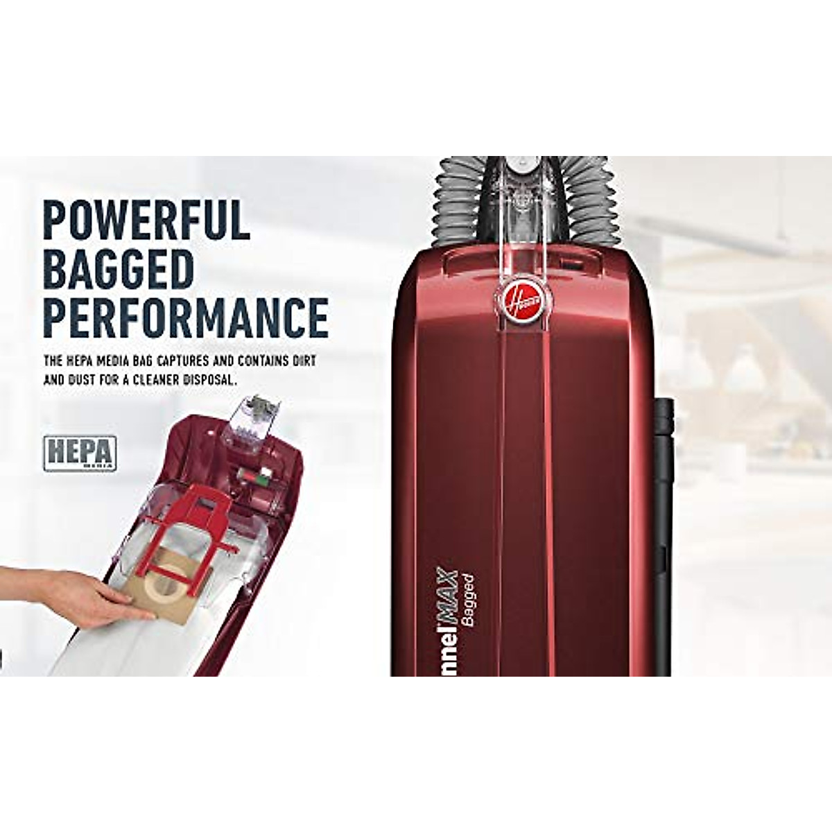 Hoover WindTunnel Max Bagged Upright Vacuum Cleaner, with HEPA Media Filtration, 30ft. Power Cord, UH30600, Red