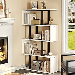YITAHOME 5-Tier Bookshelf, S-Shaped Z-Shelf Bookshelves and Bookcase, Modern Freestanding Multifunctional Decorative Storage Shelving for Living Room Home Office, Cream White